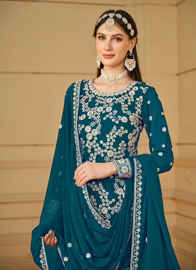 Buy Sharara - Turquoise Thread And Sequence Embroidery Gharara Suit