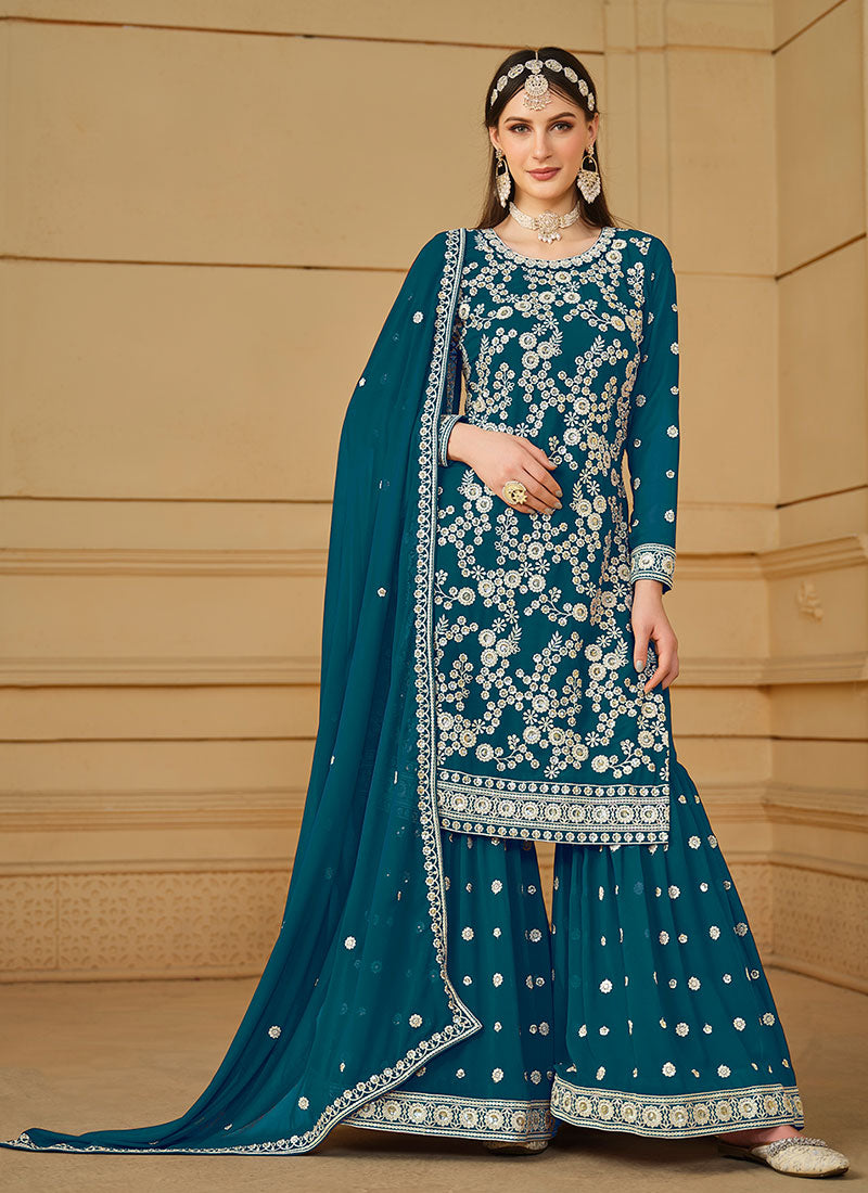 Buy Sharara - Turquoise Thread And Sequence Embroidery Gharara Suit
