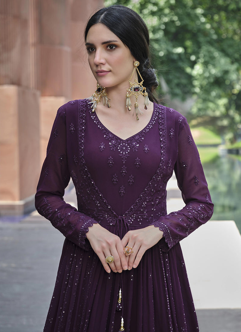 Buy Anarkali Suit Purple Sequence Embroidery Georgette Anarkali Gown