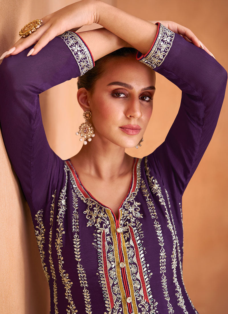 Buy Eid Suits In Barcelona Purple Multi Embroidery Anarkali Pant Suit