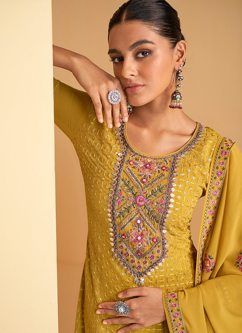 Shop Eid Outfits Mustard Yellow Multi Embroidery Festive Palazzo Suit