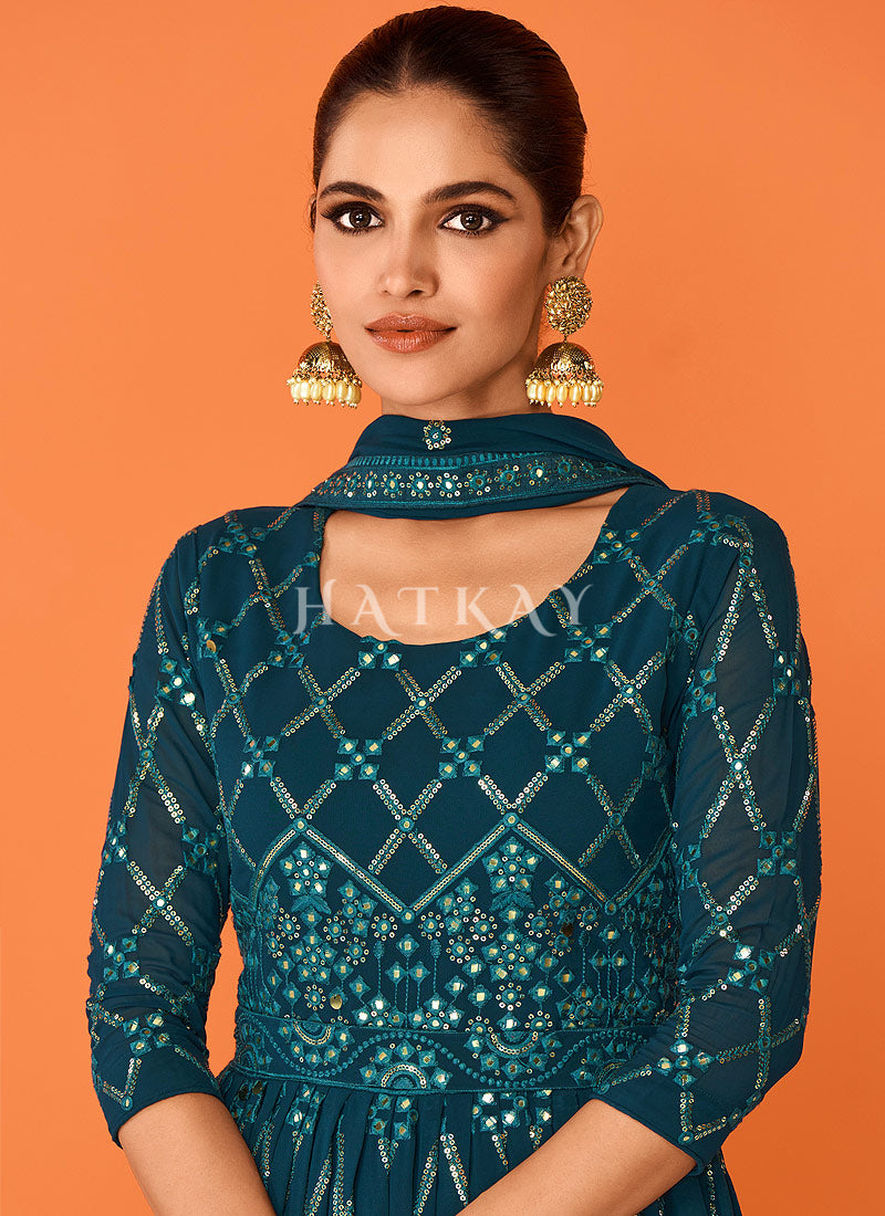 Buy Indian Dresses Green Mirror Work Embroidered Party Wear Anarkali Suit