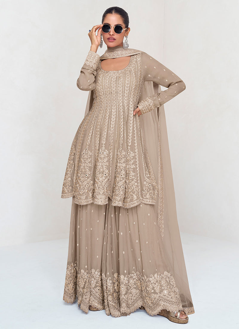 Buy Beige Embroidery Designer Sharara Style Suit At Hatkay
