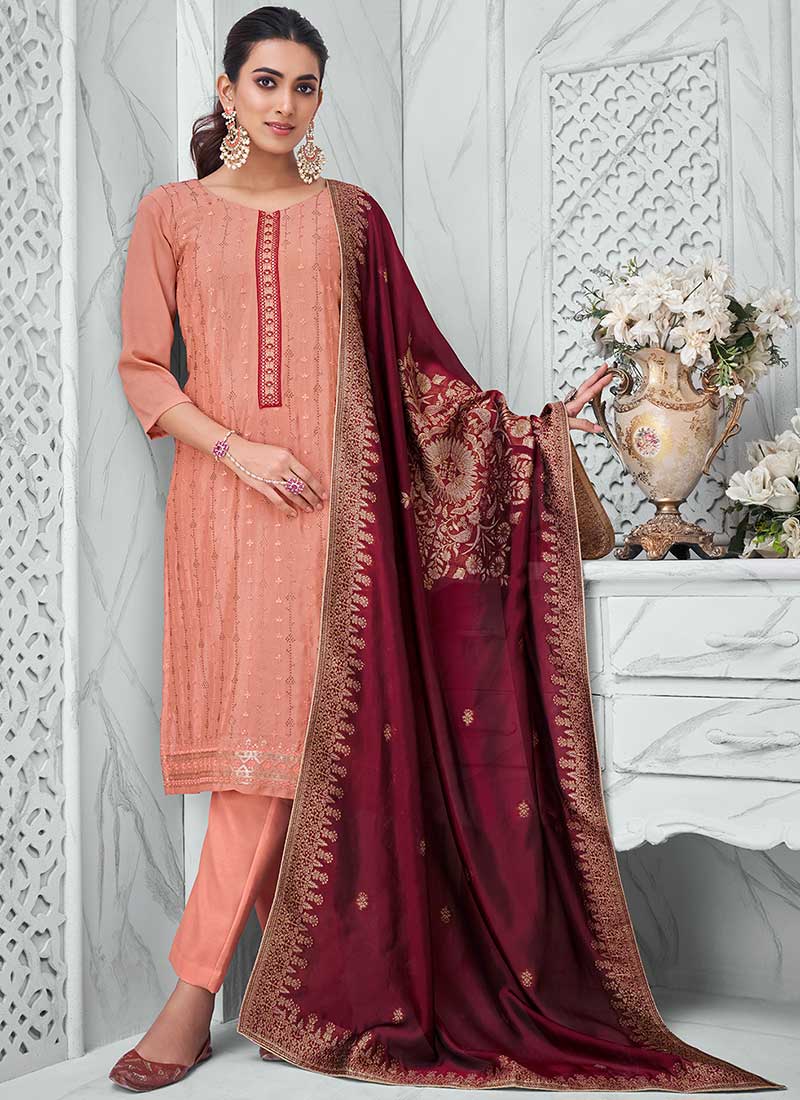 Buy Latest Indian Suits Online - Peach And Maroon Sequence Embroidery ...