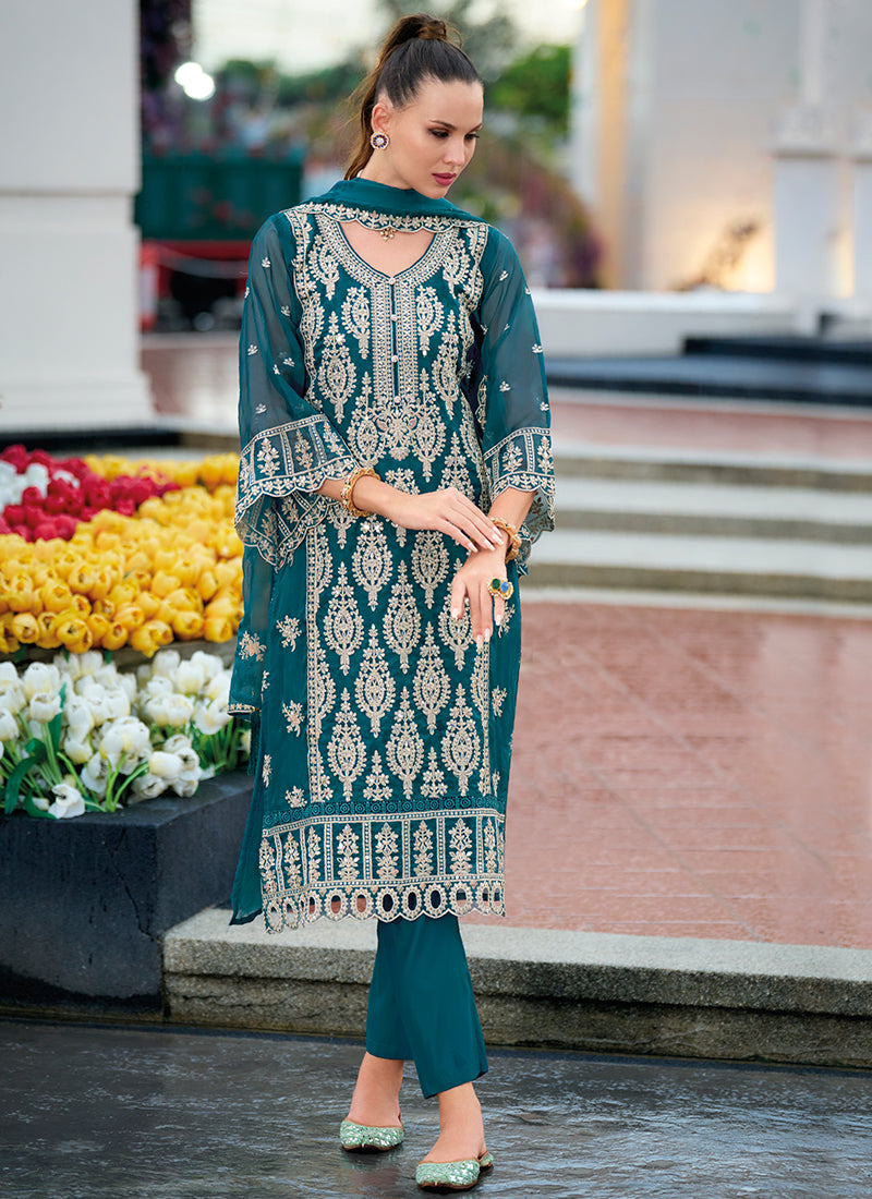 Pakistani Clothes - Turquoise Traditional Embroidery Pakistani Pant Suit