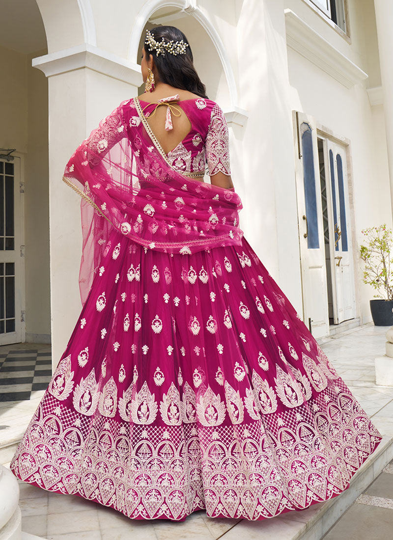 Buy Rani Pink Thread Embroidery Wedding Lehenga Choli And Dupatta For ...