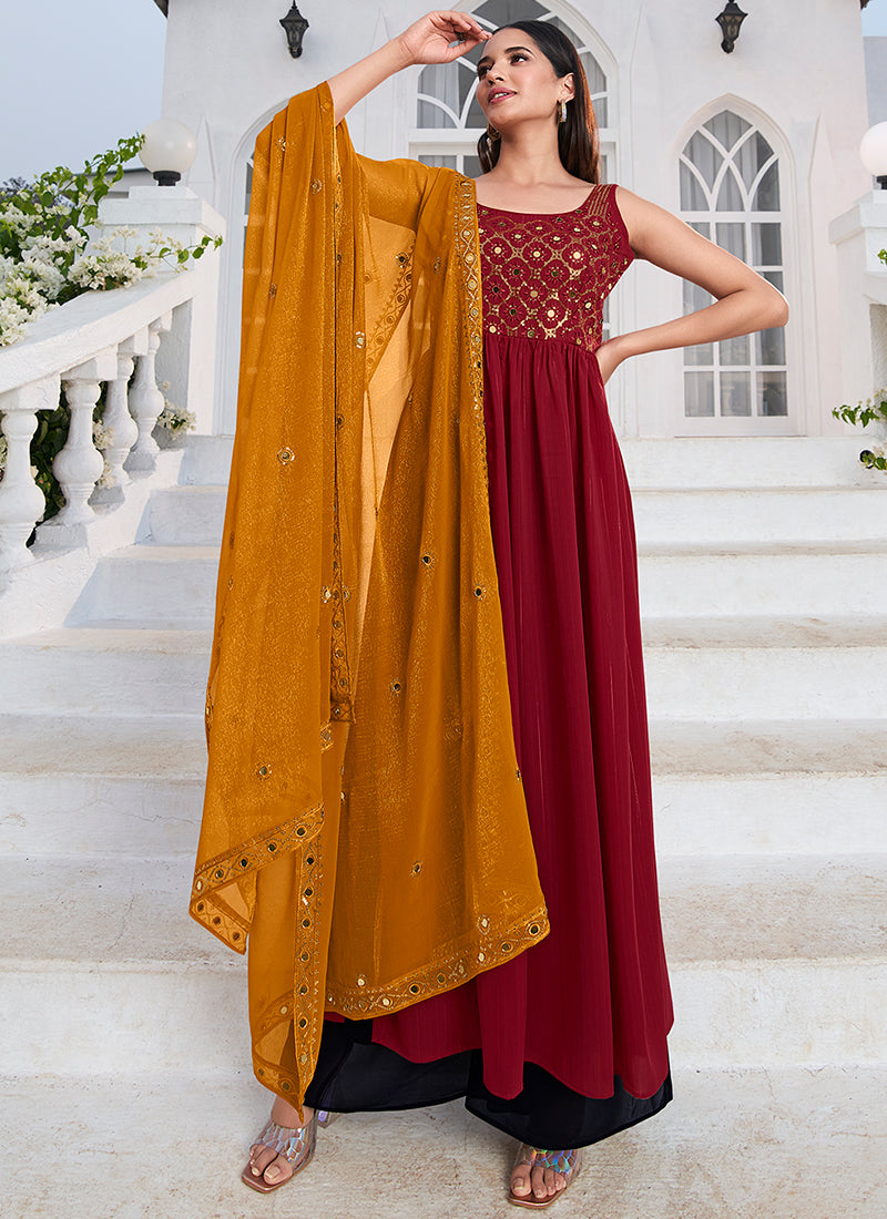 Buy Engagement Outfit - Deep Red Embroidery High Slit Anarkali Suit