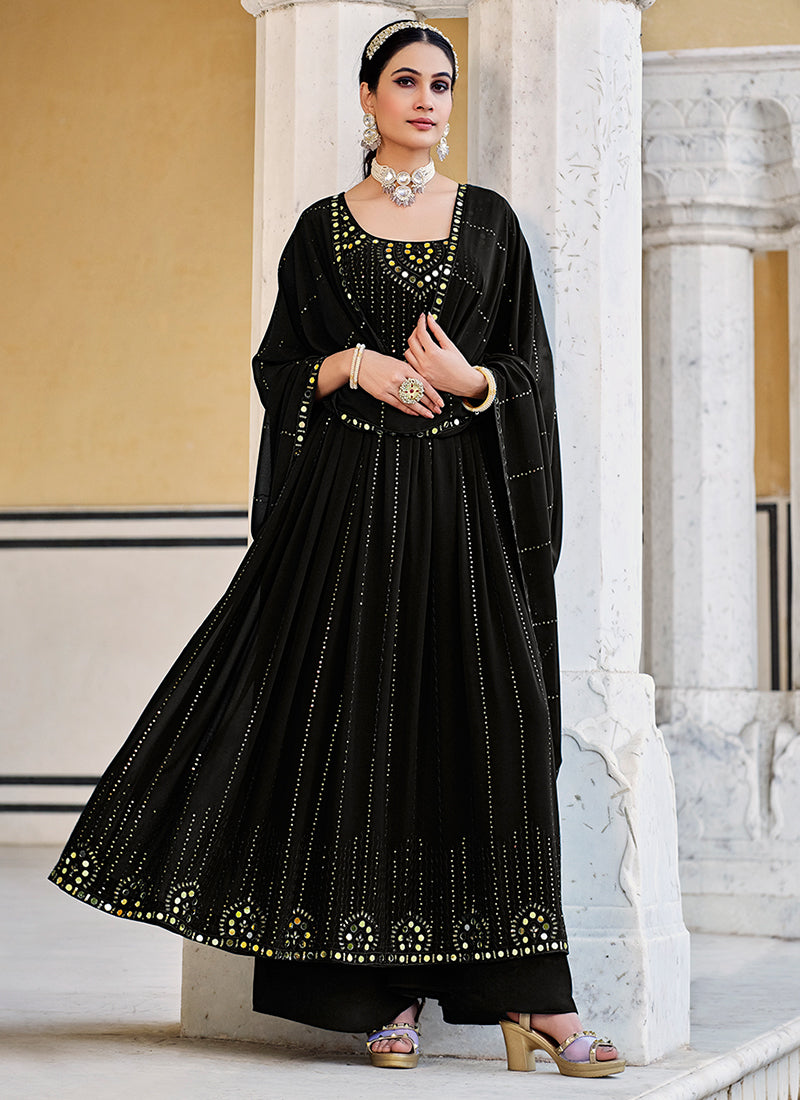 Buy Reception Clothes - Black Mirror Work Embroidery Pleated Anarkali ...