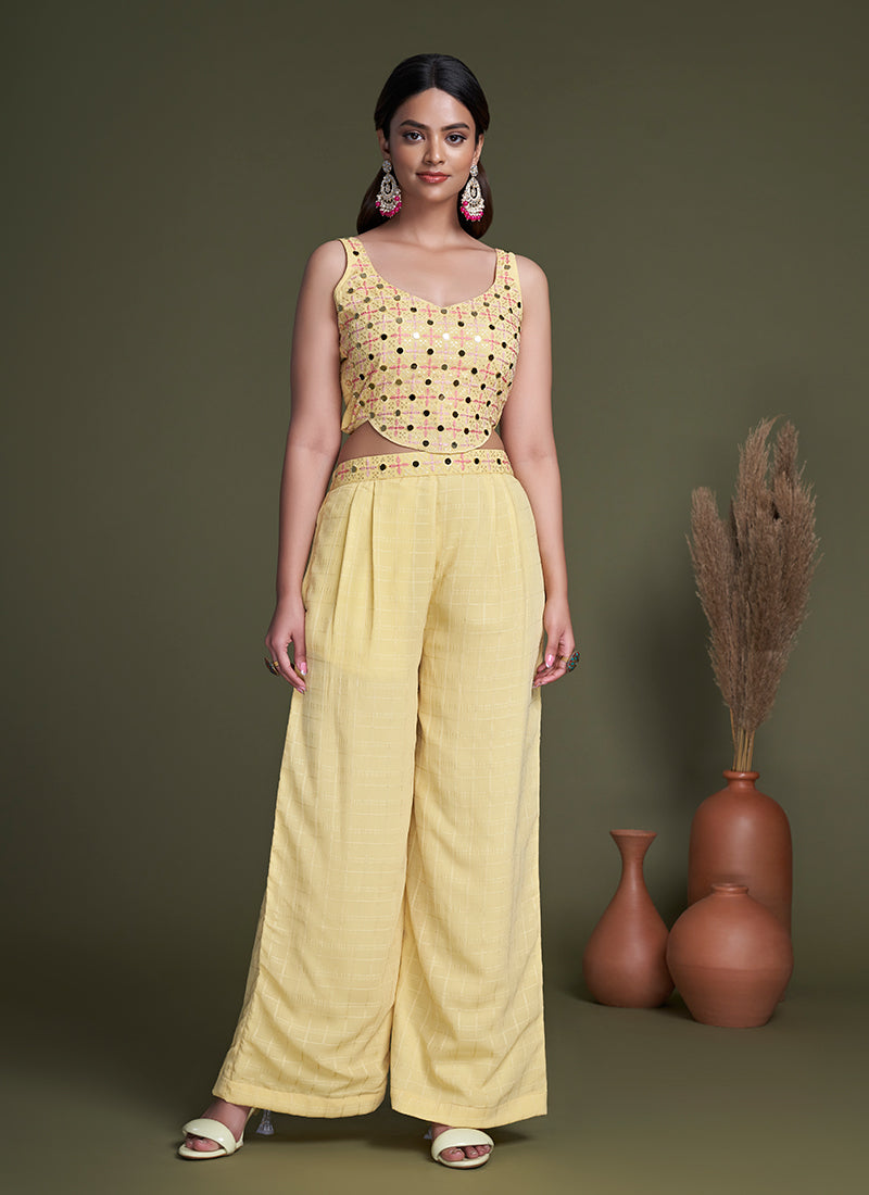 Shop Yellow Embroidery Cape Style Co-Ord Palazzo Set