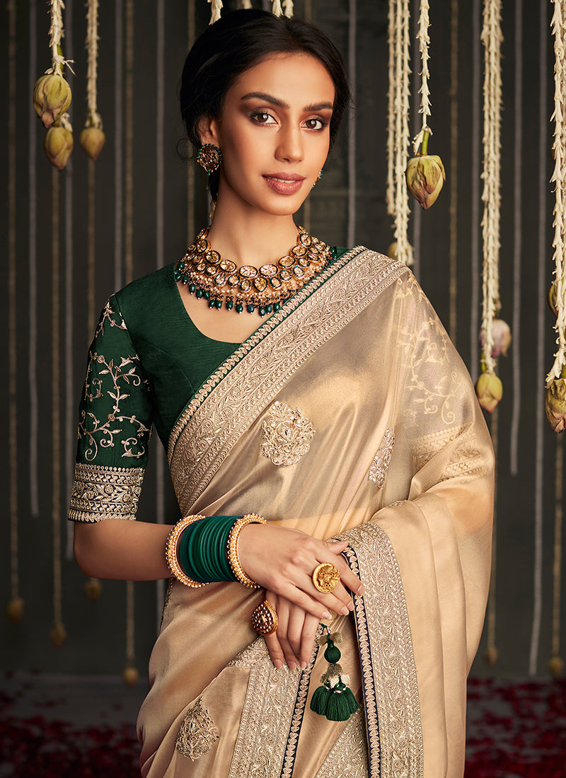 Buy Beige Golden And Green Embroidered Organza Silk Saree In USA UK Canada