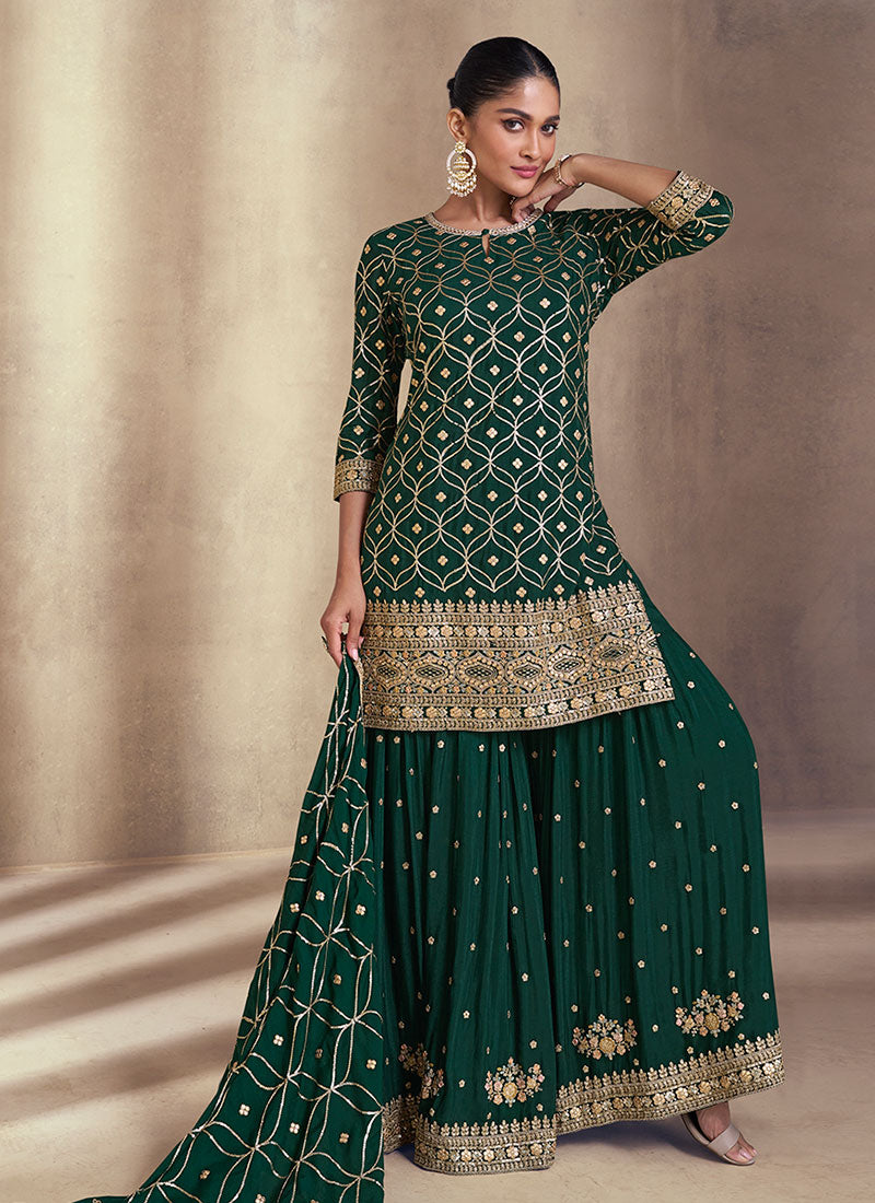 Buy Green Sequence Embroidery Sharara Style Suit