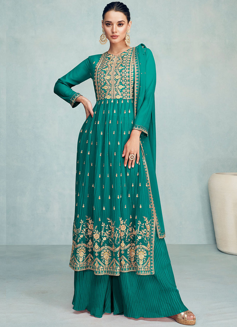 Buy Festive Outfit - Cyan Green Sequence Embroidery High Slit Palazzo ...