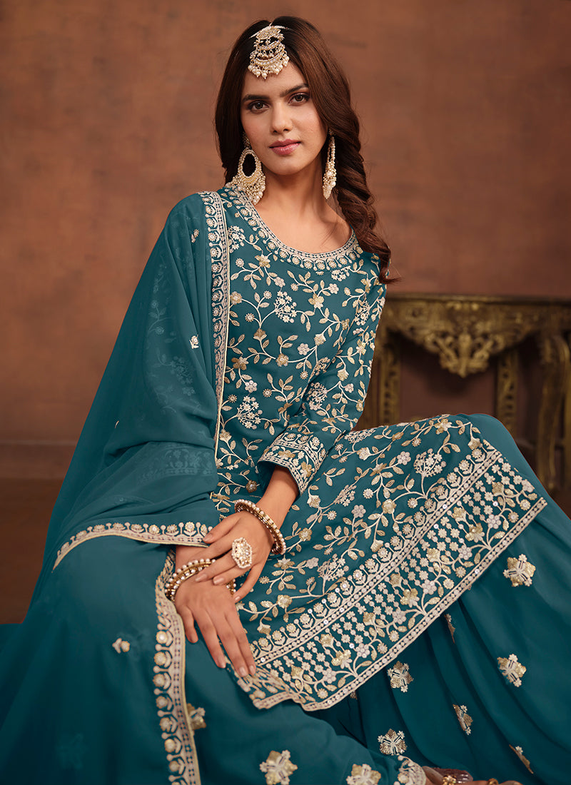 Buy Indian Girls Dress - Turquoise Traditional Georgette Gharara Suit