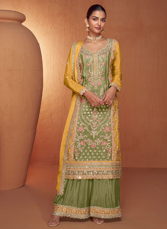 Yellow And Green Multi Embroidered Gharara Style Suit In UK