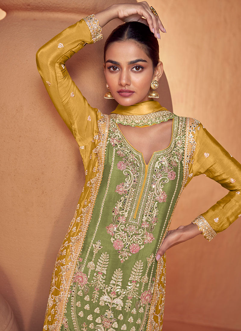 Yellow And Green Multi Embroidered Gharara Style Suit In UK