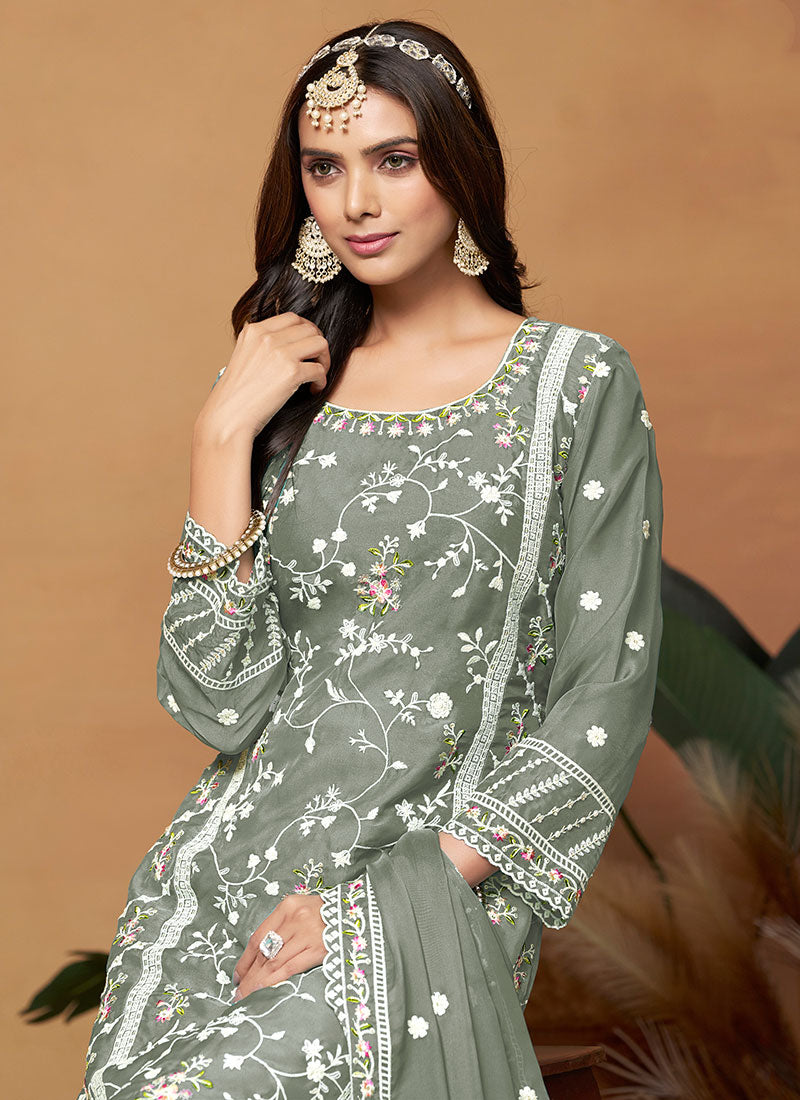 Buy Green Suit In USA - Sage Green Thread Embroidery Organza Salwar Suit