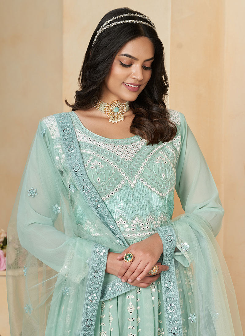 Buy Designer Outfit In USA - Aqua Blue Thread And Sequence Embroidery ...