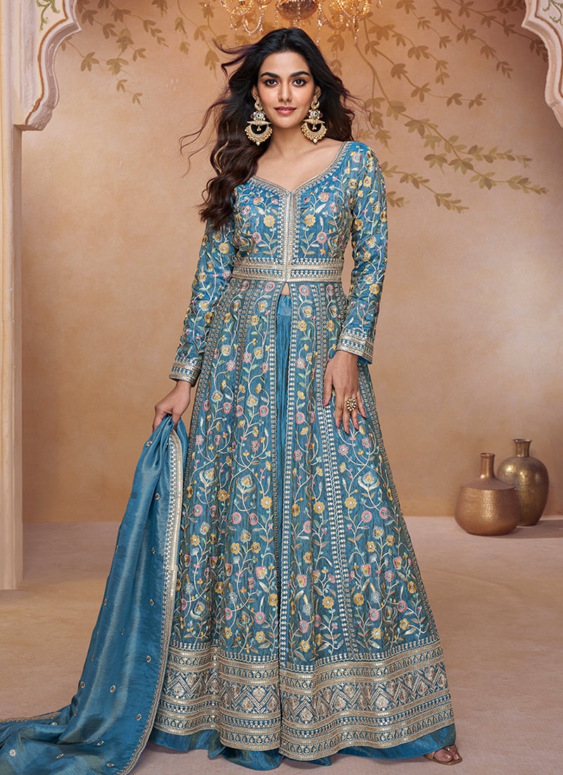 Buy Firozi Blue Floral Embroidered Jacket Style Lehenga Online | Hatkay