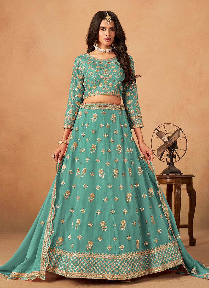 Buy Teal Green Embroidery Traditional Lehenga Choli Online | Hatkay