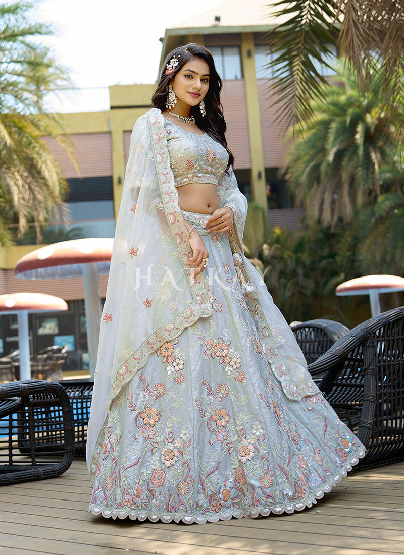 Buy Lengha- Light Grey Embroidered Wedding Lehenga Choli With Dupatta