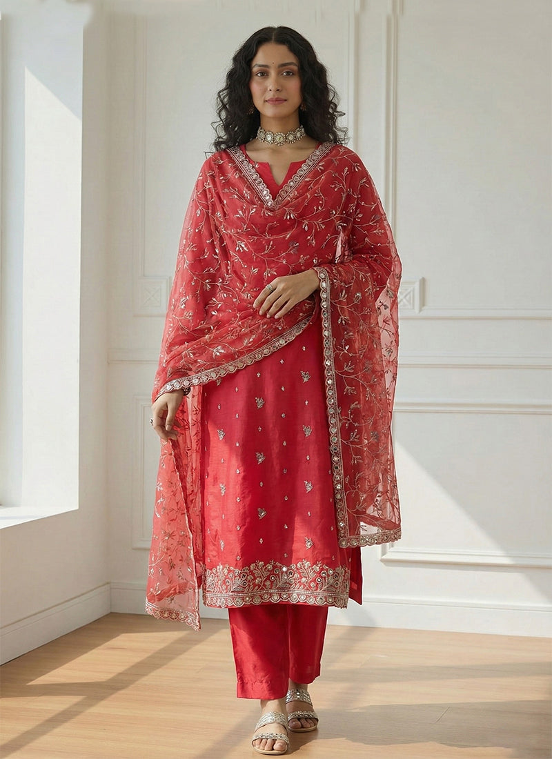 Buy Pakistani Dresses - Red Embroidery Festive Pakistani Suit In USA