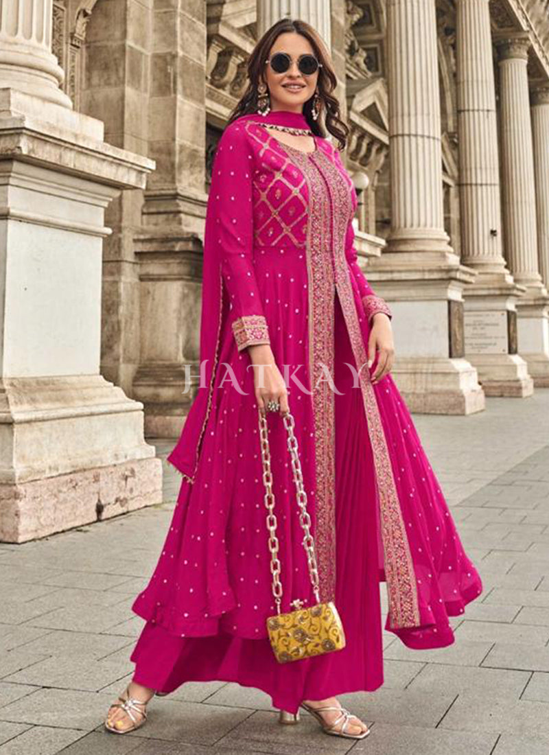 Buy Rani Pink Embroidered Slit Style Palazzo Suit At Hatkay