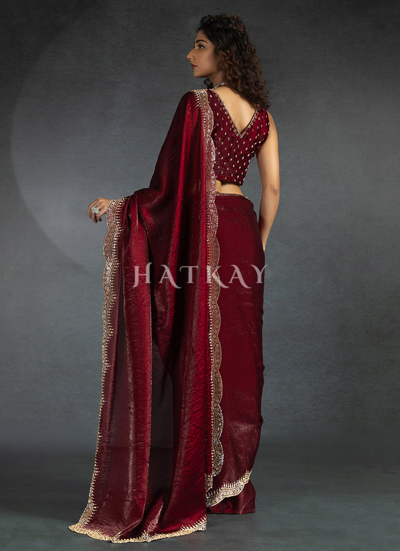 Buy Cherry Red Satin Silk Saree At Hatkay