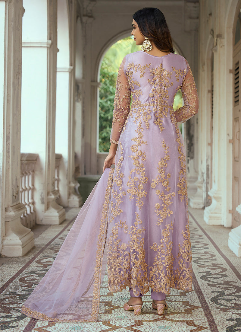 Buy Indian Outfit - Lavender Golden Embroidery Traditional Anarkali Suit