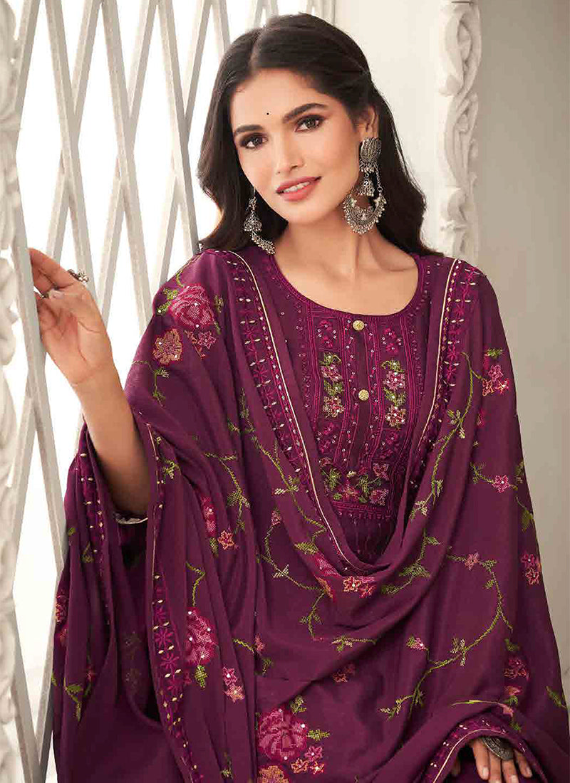 Buy Latest Indian Suits Online - Dark Purple Floral Embroidery ...