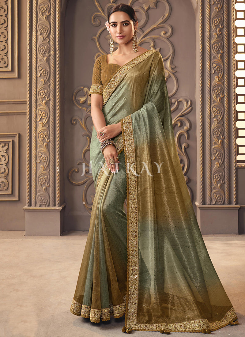 Buy Diwali Saree | Teal Golden Zari Embroidery Shaded Organza Silk ...