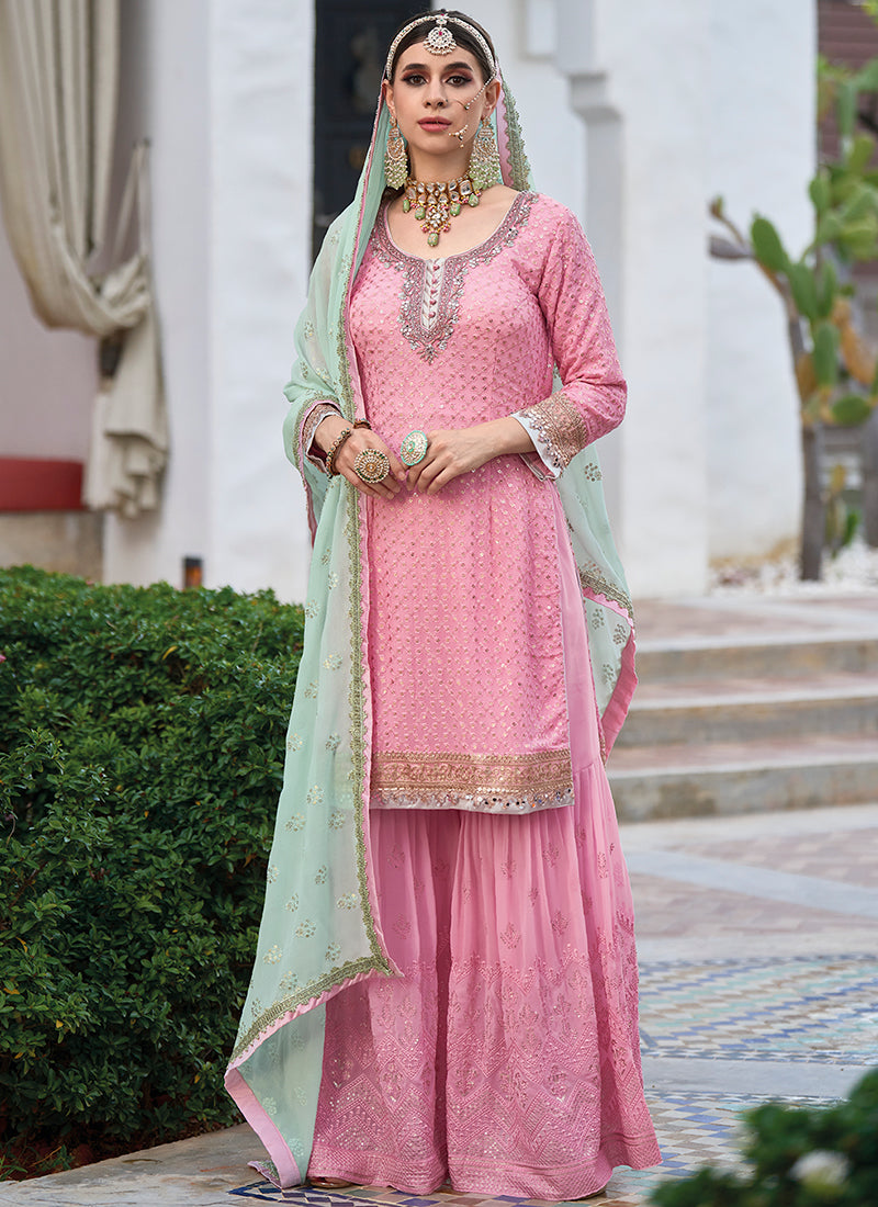 Buy Designer Suits - Pink And Teal Embroidery Designer Gharara Style ...