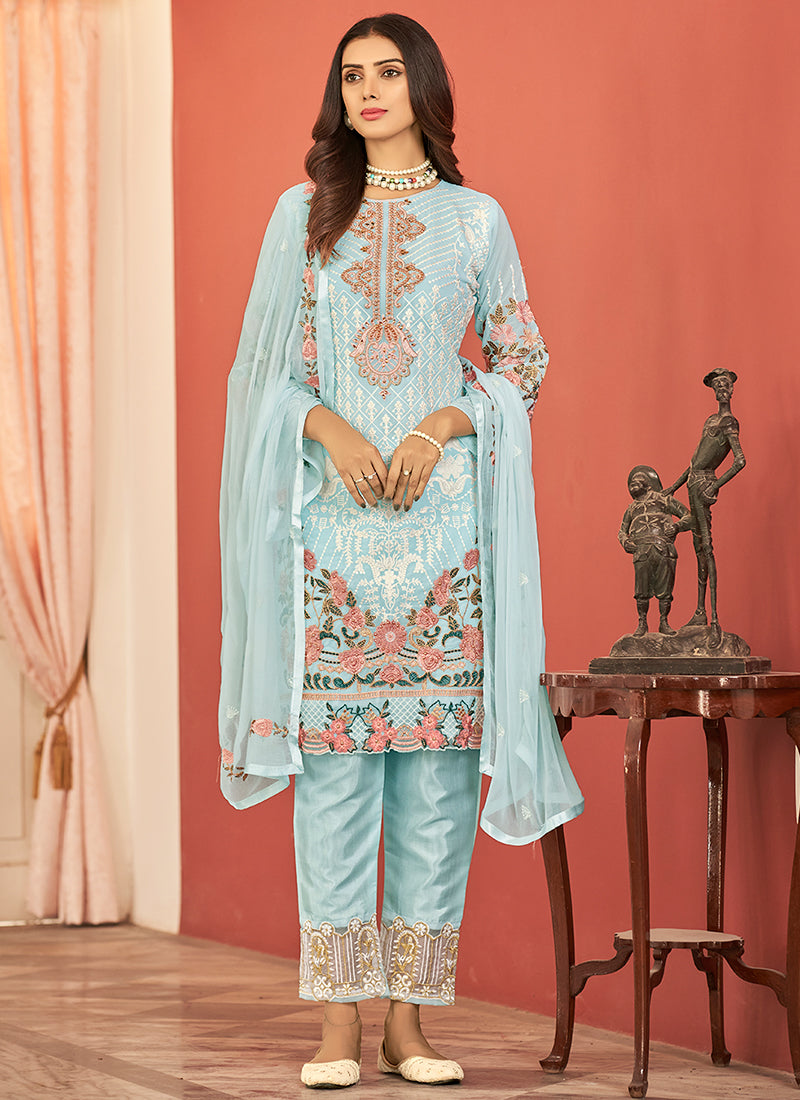 Buy Pakistani Suits - Sky Blue Embroidery Pakistani Pant Style Suit