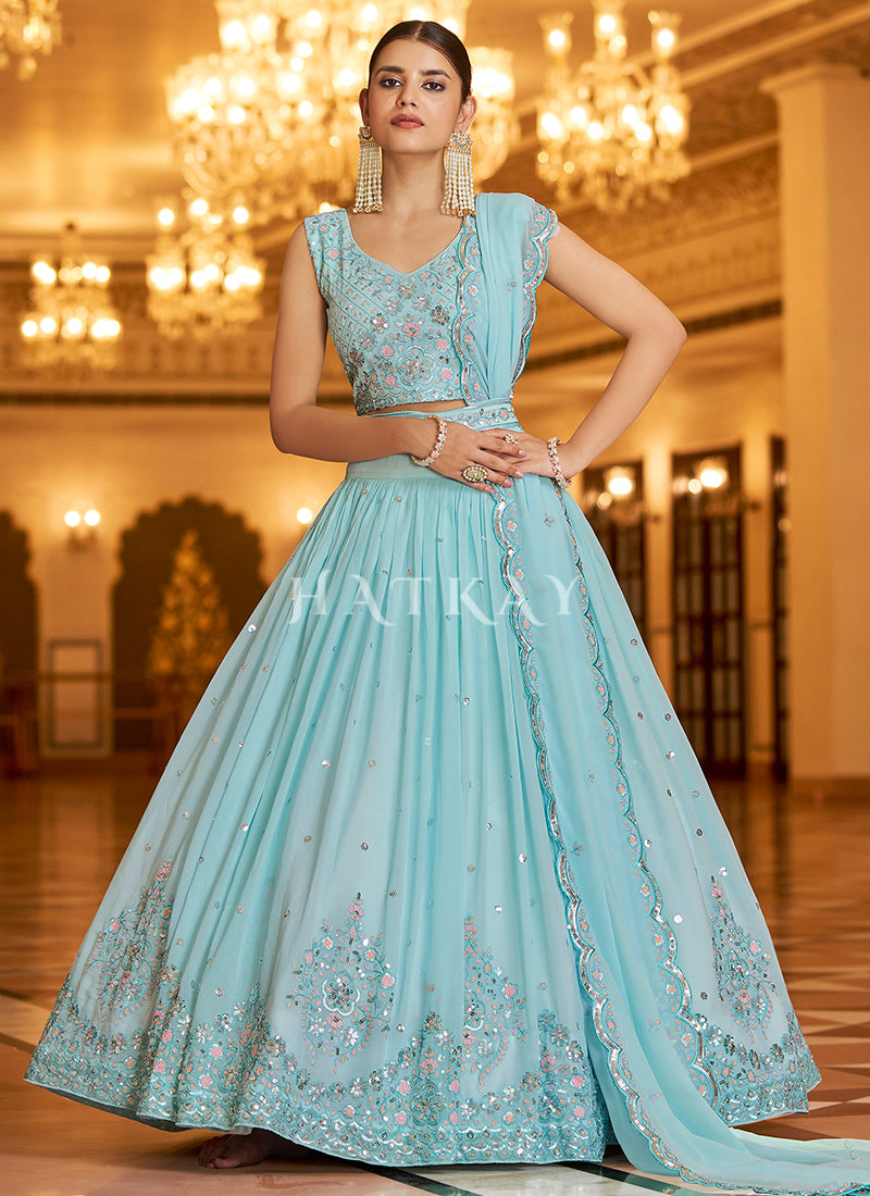 Shop Lehengas | Sky Blue Sequence Embroidered Traditional Lehenga Choli