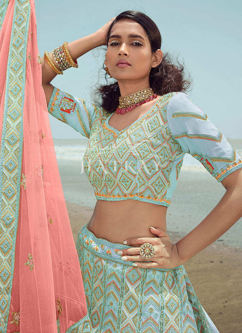 Buy Lehengas Choli | Turquoise Zarkan Embroidered Designer Lehenga Choli