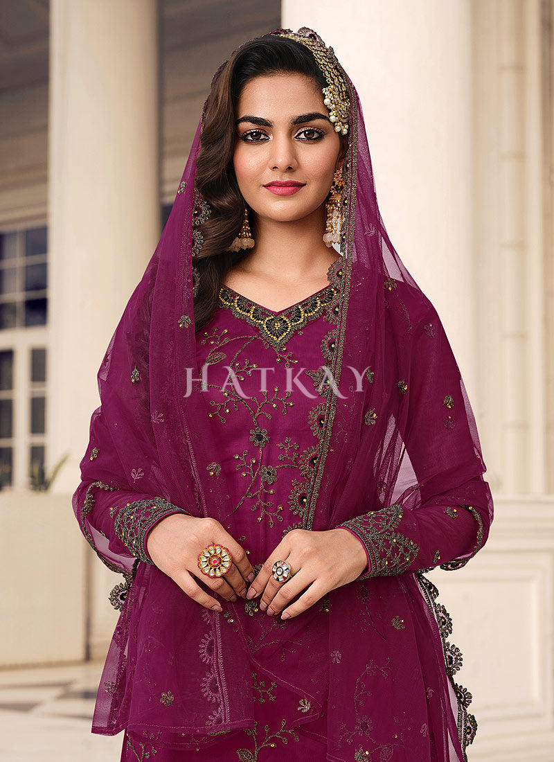 Pakistani Suit - Buy Magenta Embroidered Pakistani Pant Style Salwar Suit
