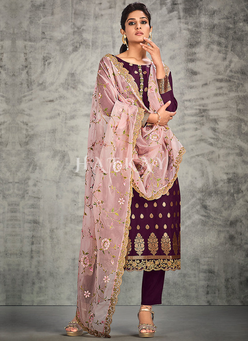 Latest Pakistani Dress - Shop Wine Pakistani Pant Style Salwar Suit At ...