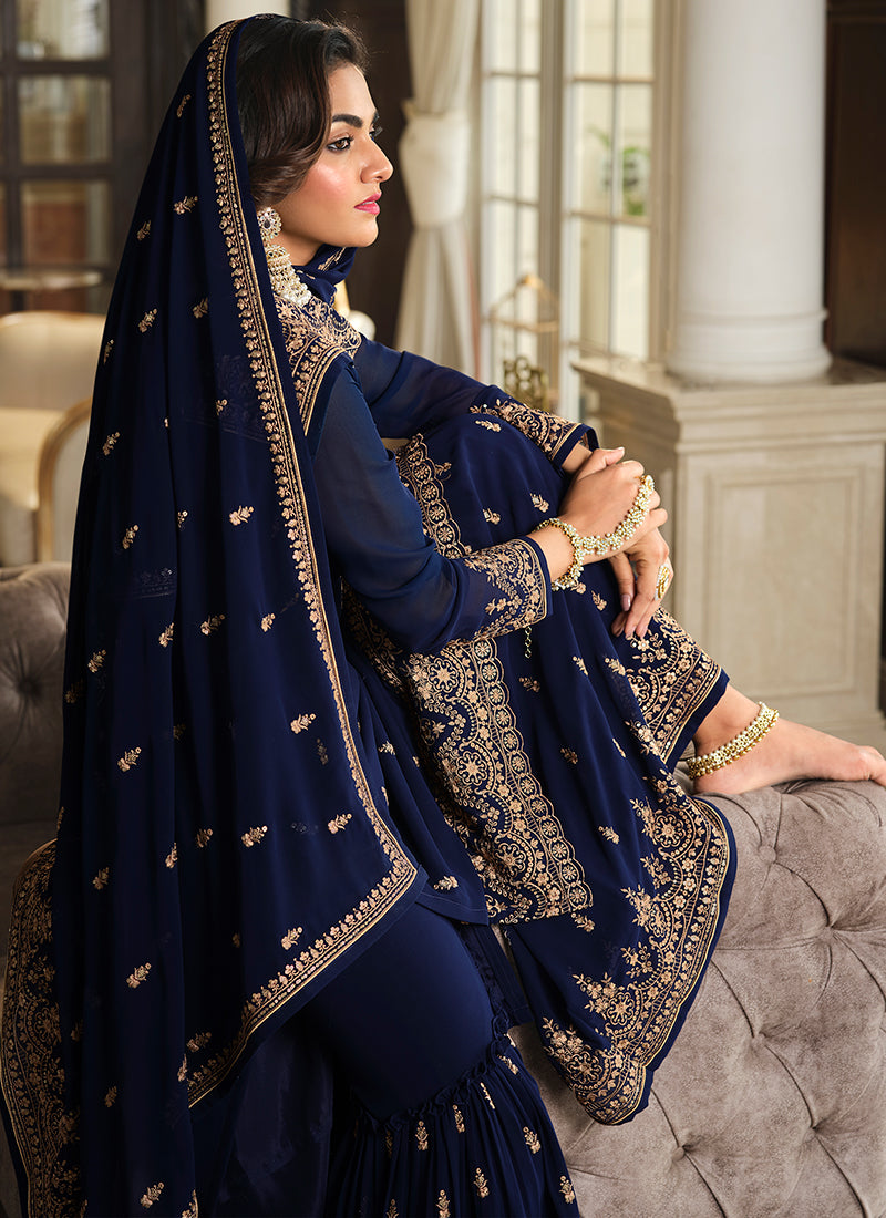 Buy Gharara Suit - Blue Sequence Embroidery Festive Gharara Style Suit ...