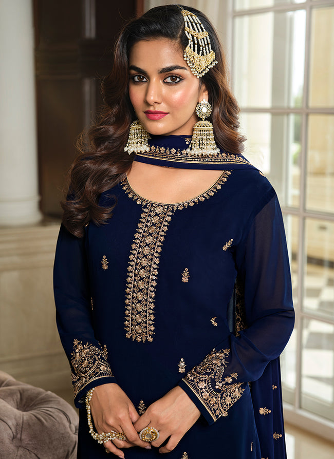 Buy Gharara Suit - Blue Sequence Embroidery Festive Gharara Style Suit ...