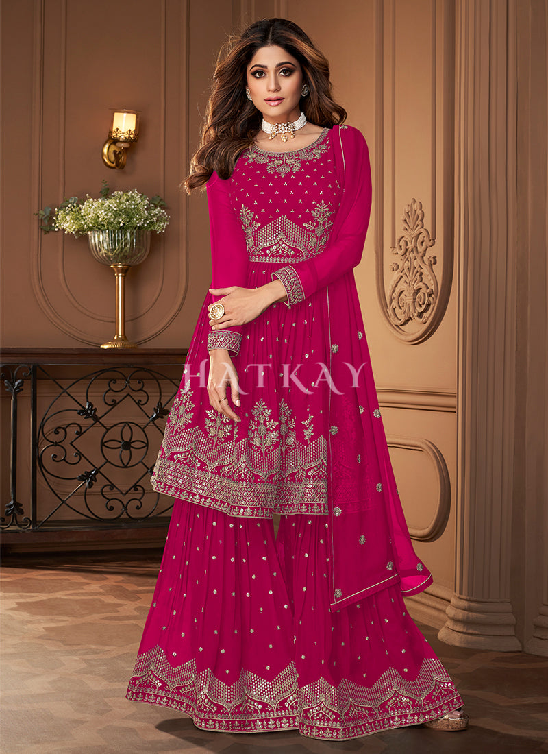 Buy Diwali Outfits - Hot Pink Golden Embroidered Designer Sharara Suit