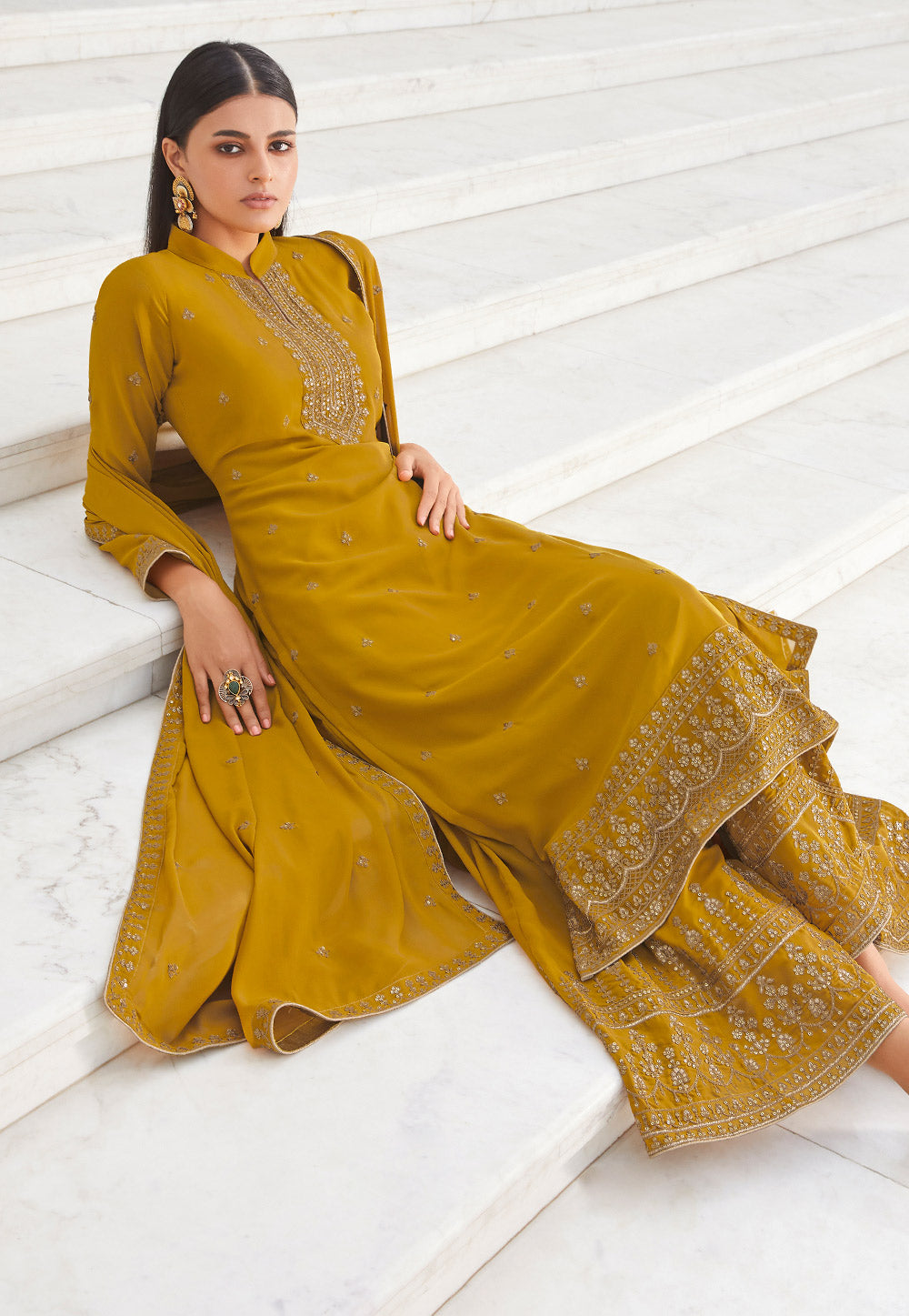 Buy Yellow Embroidered Designer Palazzo Suit In USA, UK, Canada ...