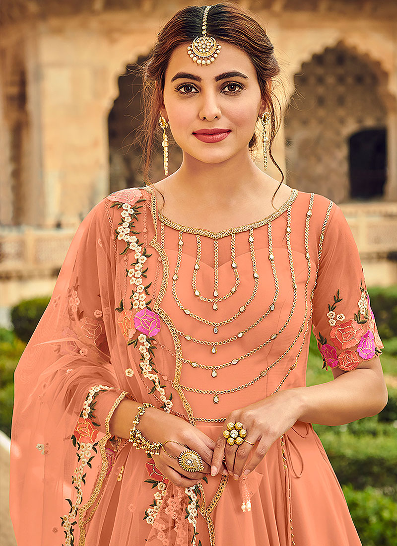 Buy Pastel Orange Floral Embroidered Indian Anarkali Suit In USA, UK ...