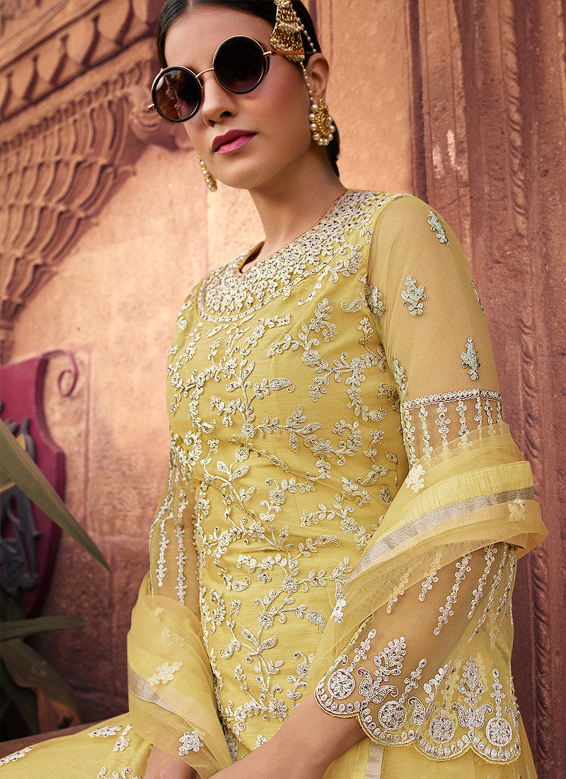 Buy Pale Yellow Embroidered Designer Gharara Suit In Canada online