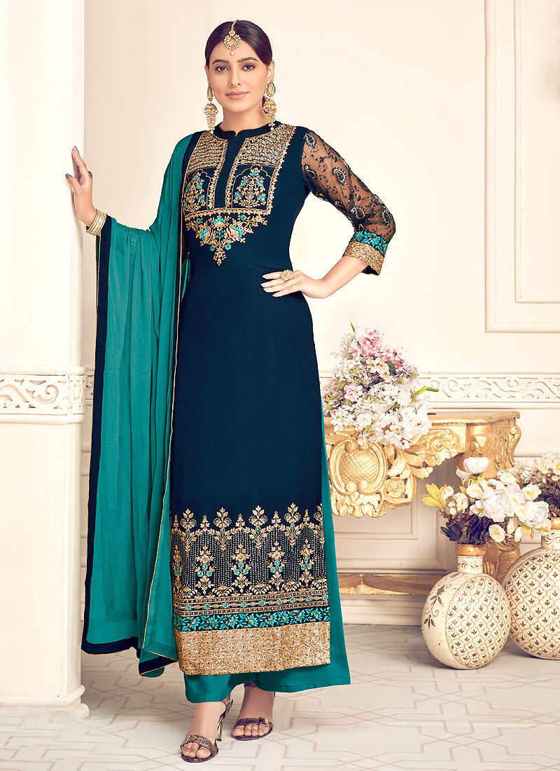 Buy Blue and Turquoise Pakistani Palazzo Suit In USA, UK, Canada ...
