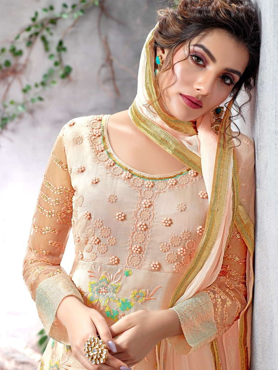 Light Peach Multi Embroidered Designer Pakistani Pant Suit