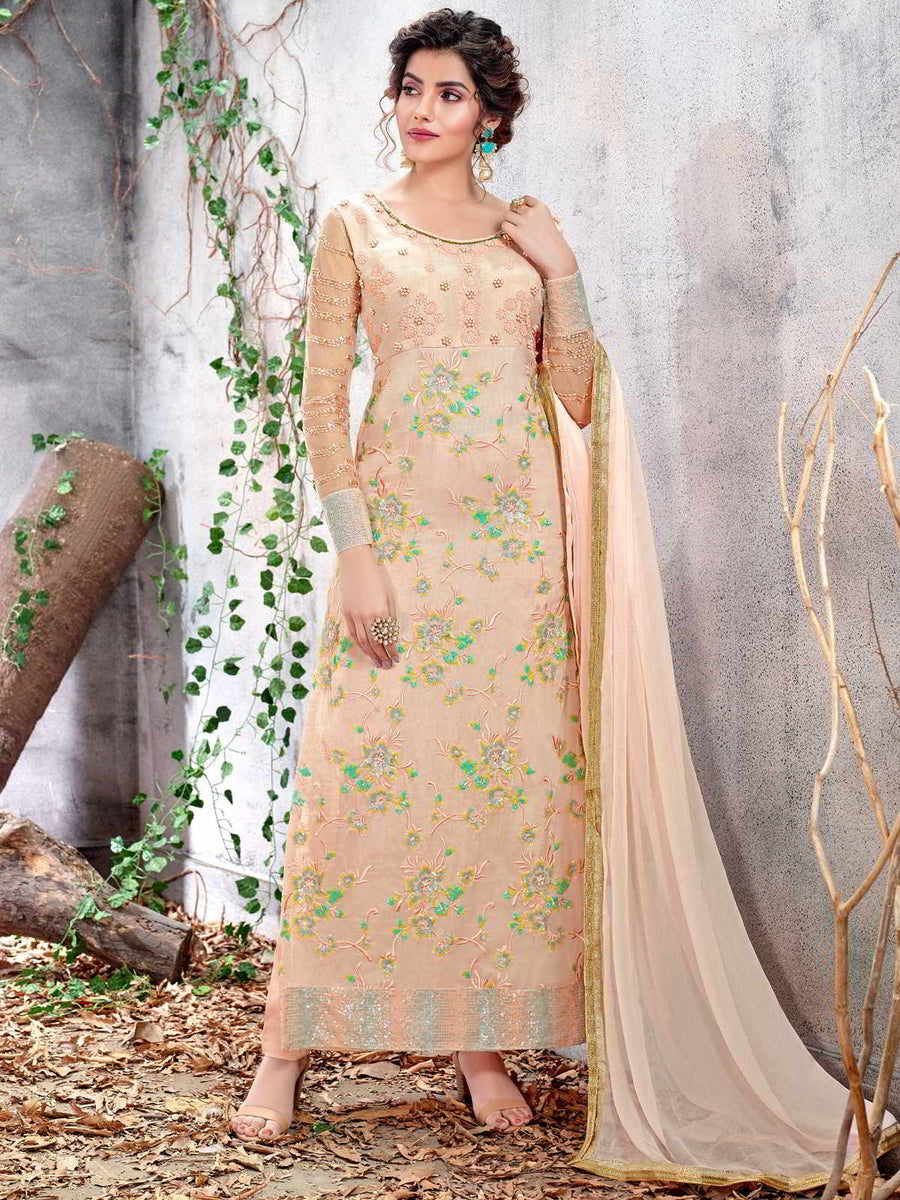 Light Peach Multi Embroidered Designer Pakistani Pant Suit