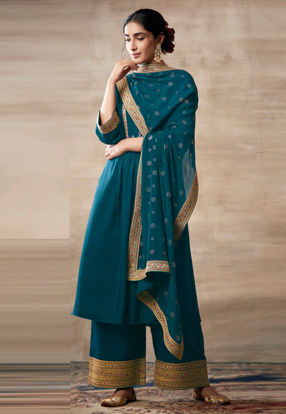 Buy Turquoise Embroidered Designer Palazzo Suit In USA, UK, Canada ...