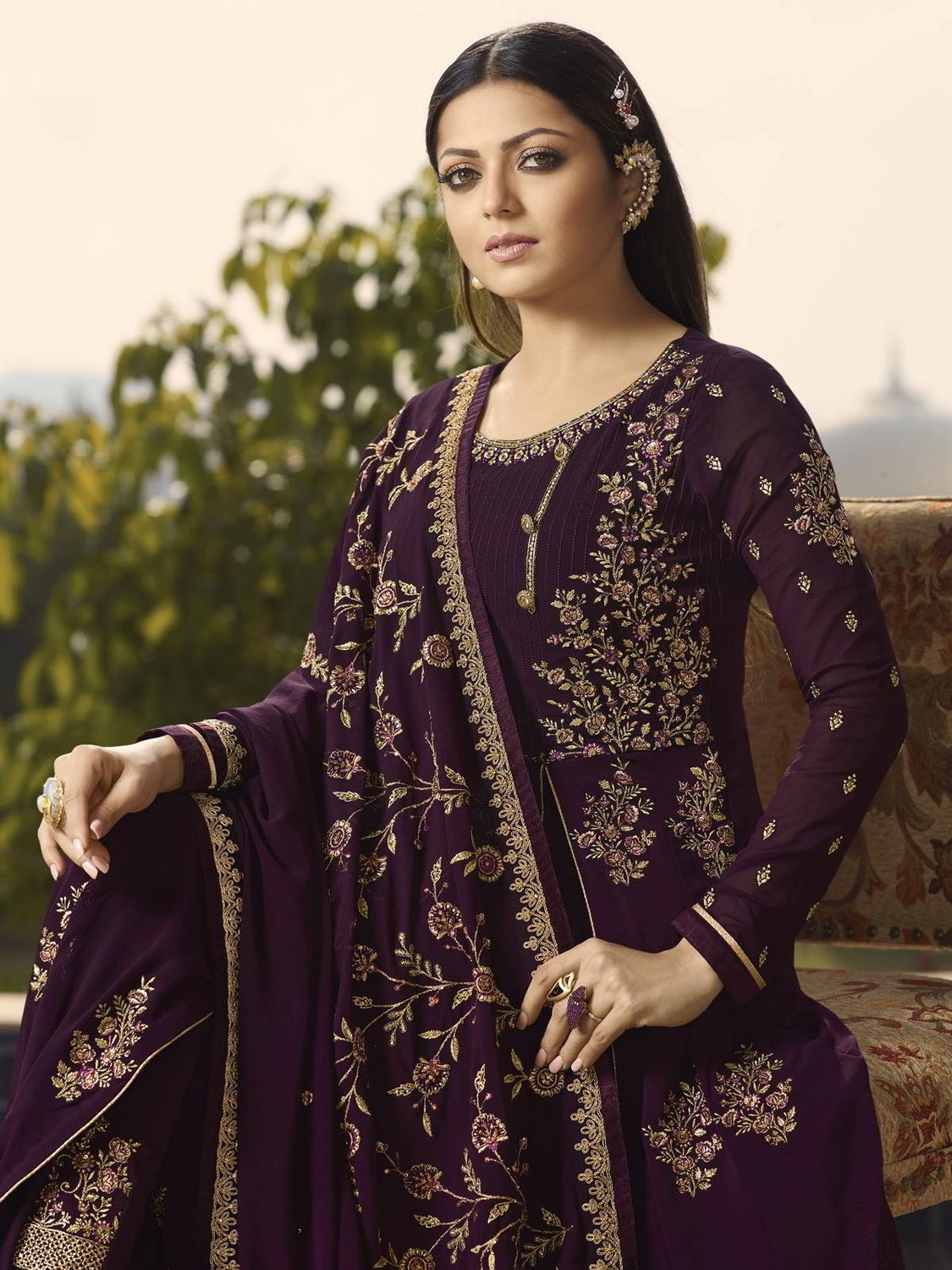 Wine Purple Golden Embroidered Anarkali Pant Suit