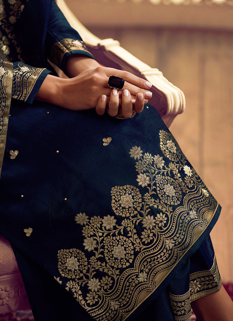 Navy Blue Golden Embroidered Designer Palazzo Suit