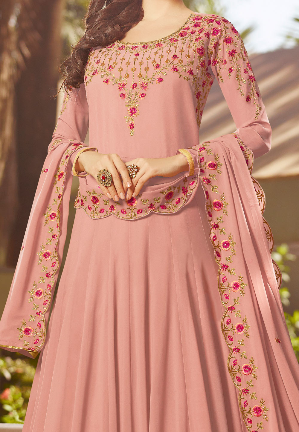 Beige With Multi Embroidered Georgette Anarkali Suit - Hatkay