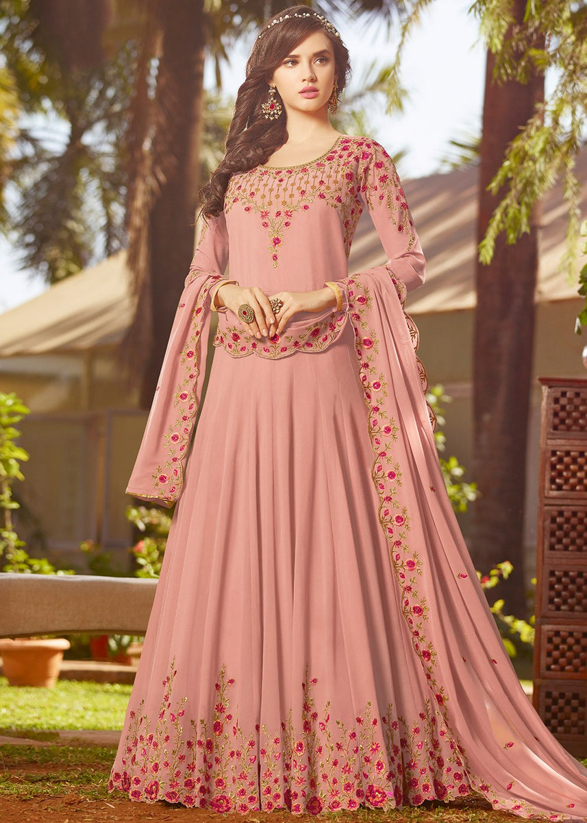 Beige With Multi Embroidered Georgette Anarkali Suit - Hatkay